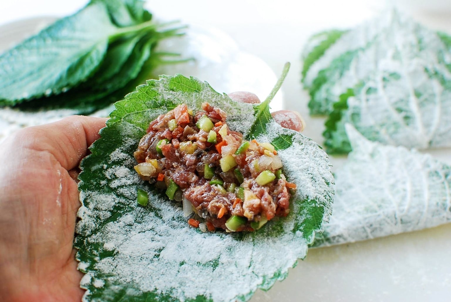 Kkaennip Jeon (Pan-fried Stuffed Perilla Leaves) - Korean Bapsang